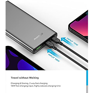MOMAX Portable Charger, 10000mAh 20W PD Aluminum Ultra Slim Power Bank 3A High-Speed Thin Phone Charger with 2 Input & 2 Output Compatible with iPhone, Samsung Galaxy, MacBook, Pixel & More (Grey)
