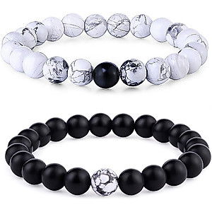 2 Pcs Couple Distance Relationship Bracelets Black Matte Agate & White Howlite Energy Beads Stone Ying Yang Balance Bracelet Banglet for Lovers Touch Bracelets Long Distance Relationship¡­
