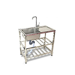 Single Bowl Utility Sink, Freestanding Kitchen Sink, Stainless Steel Commercial Dining Room with Hot and Cold Water Faucet and Drain for Laundry Backyard Garage Camping Bathroom