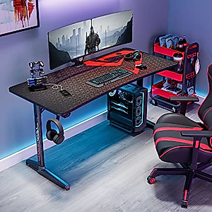 It's_Organized Gaming Desk, 60 Inch Computer Desk Carbon Fiber Surface Gamer Desk with Free Mouse pad, T-Shaped Professional Gaming Table with USB Gaming Rack, Cup Holder & Headphone Hooks, (Black)