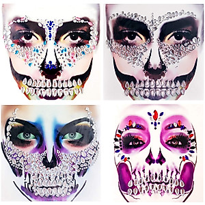 Day Of The Died Skull Face Gems Jewels, 4-Pack Temporary Rhinestone Face Tattoo, Face Stickers Gems Jewels for Halloween