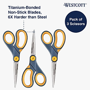 Westcott 8" Titanium-Bonded Non-Stick Scissors For Office & Home, Gray/Yellow, 3 Pack (15454)