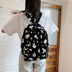 School Starts Season Fashion Women Girl Student Zipper Cow Pattern School Bag Canvas Backpack Pug (Black, One Size)