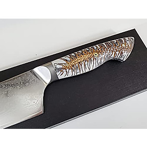 Custom VG10 Damascus chef knife Hybrid Santoku 9" White Silver cast pine cone handle, kitchen knife w/ 67 layer SS Damascus (White SIlver)