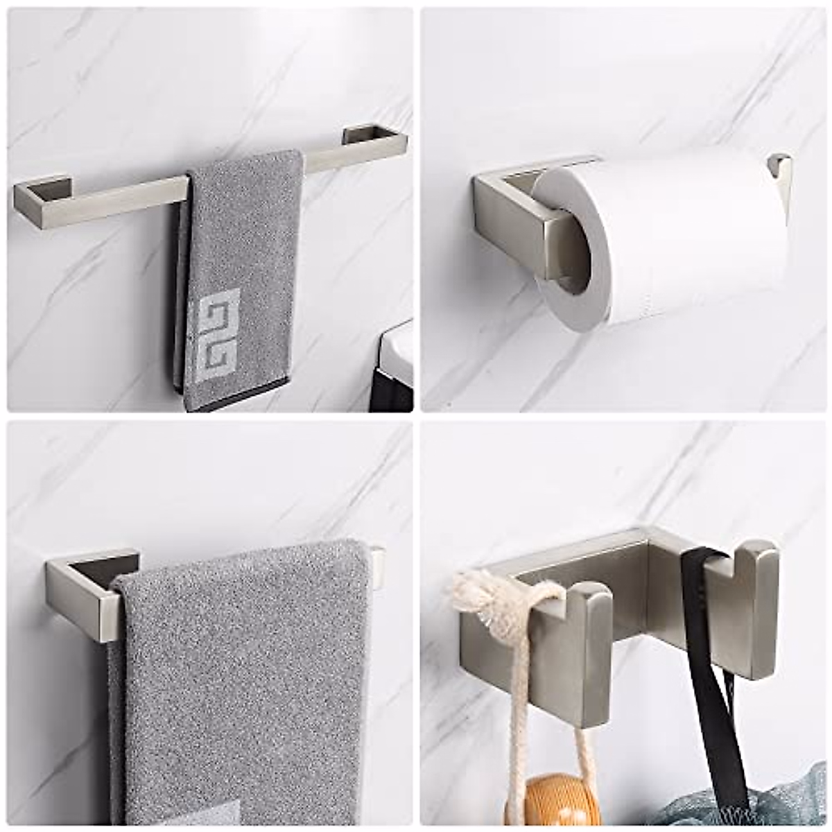 NearMoon 4 Pieces Bathroom Hardware Accessories Set 304 Stainless Steel- 24" Towel Rod+ Hand Towel Holder+ Toilet Paper Holder+ Robe Towel Hook Wall Mounted Modern Bath Towel Bar Set (Brushed Nickel)