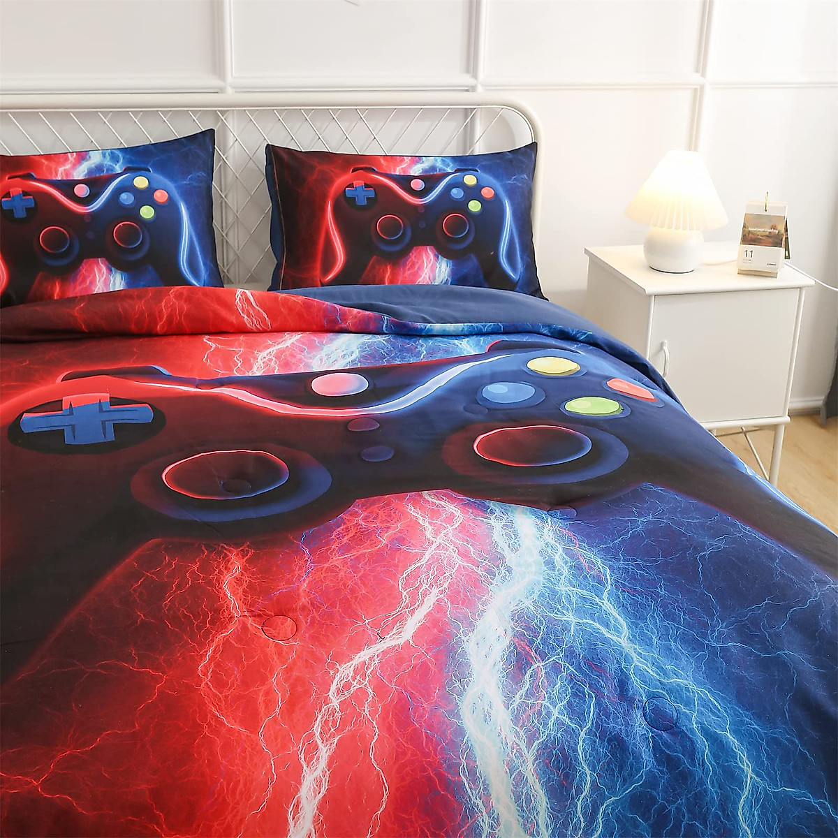 Meeting Story Gamer Gaming Bedding Sets Tie Dye Lightnings Gamepad Comforter Set for Boys Games Console Action Buttons Novelty Colorful Modern Room Decor Home Quilt Set (Twin, Red-Blue)