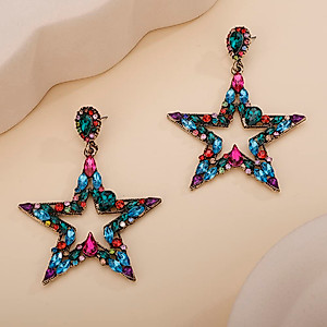 Denifery Crystal Rhinestone Star Dangle Hoop Earrings Big Star Drop Earrings Bling Sparkly Earrings for Prom Wedding (Colorful)