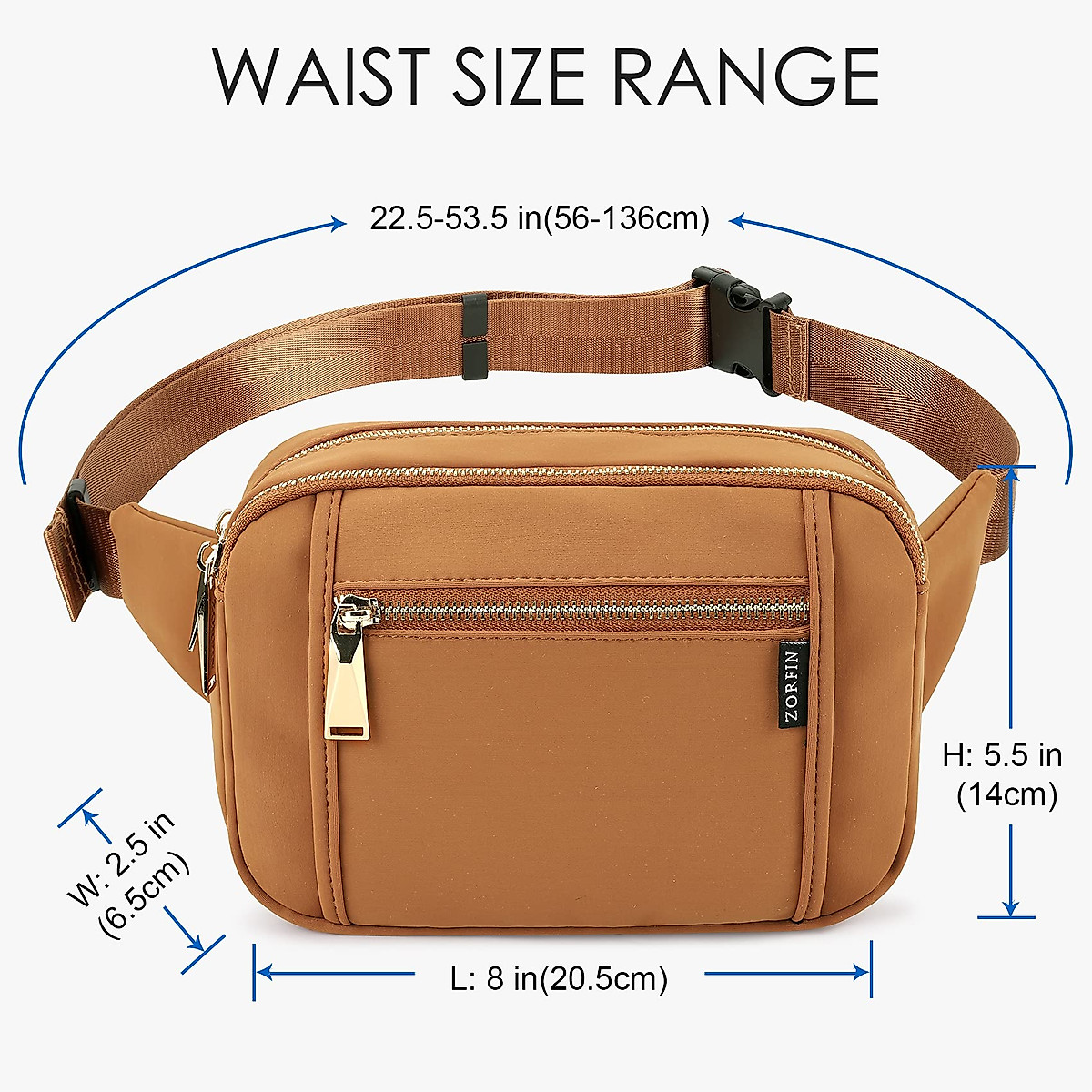 ZORFIN Fanny Packs for Women Men, Belt Bag with 5 Zipper Pockets, Fashion Waist Pack Crossbody Bag with Adjustable Belt for Travel/Shopping/Hiking/Running/Cycling (Brown)