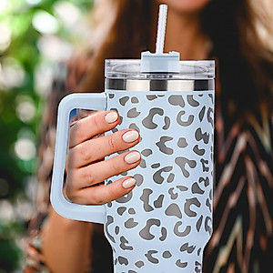 TINVSKQQKJ 40oz Leopard Tumbler with handle and Straw with lid,Double Walled Stainless Steel Leopard Tumbler Leak Resistant Insulated Sports Travel Cup for Cold Heat water and Ice for Hours