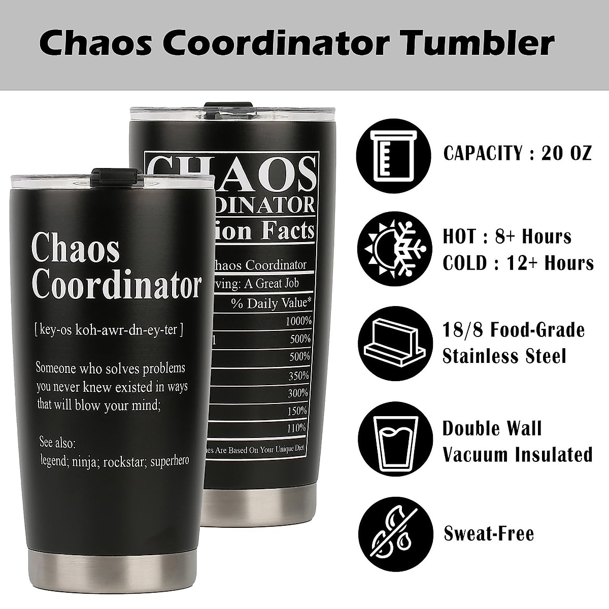 Chaos Coordinator Tumbler 20 Oz, Chaos Coordinator Cup, Chaos Coordinator Water Bottle, Thank You Gifts, Chaos Coordinator Gifts For Boss Manager Teacher Coworkers Friends Christmas Birthday