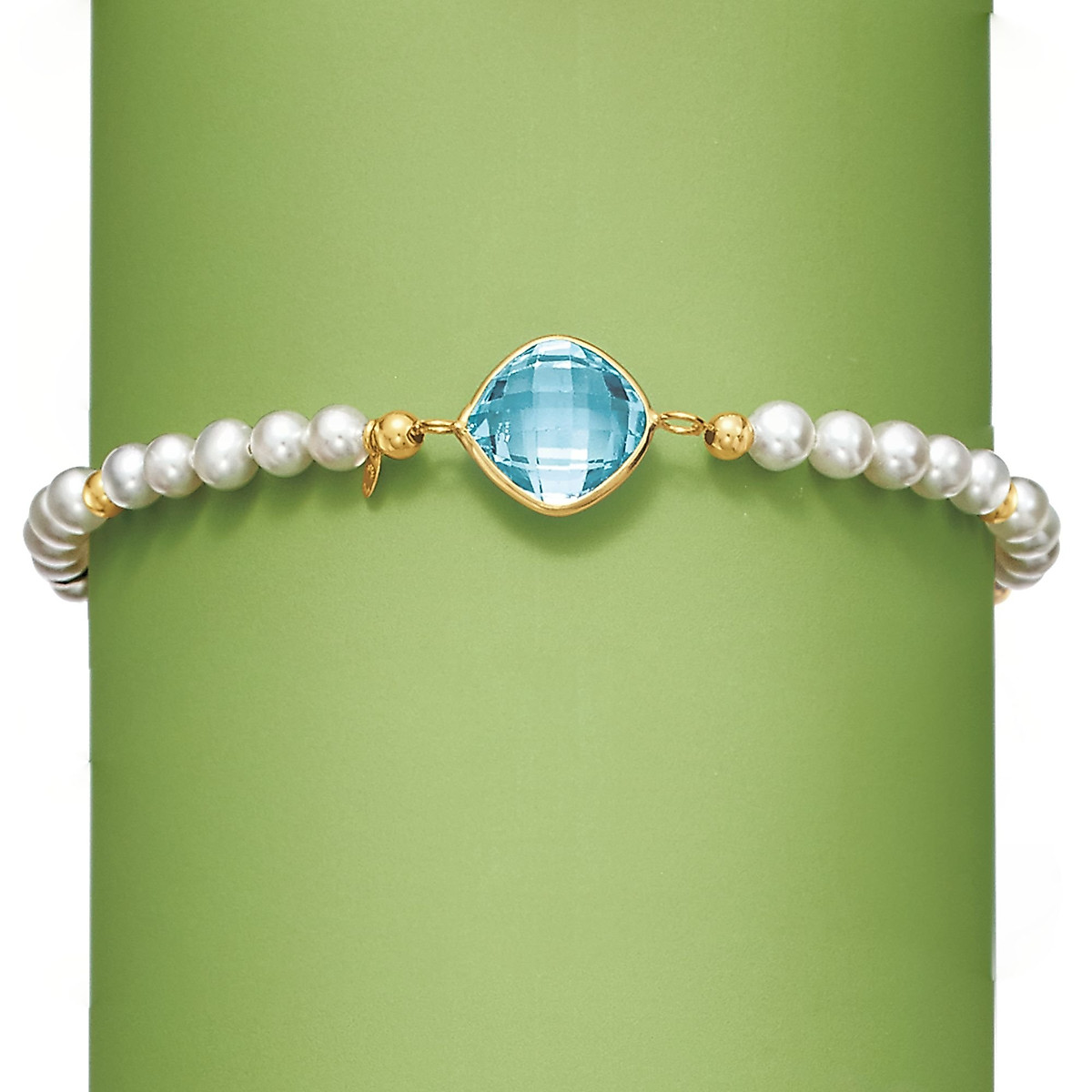 Ross-Simons 4.60 Carat Sky Blue Topaz and 4-5mm Cultured Pearl Bracelet in 14kt Yellow Gold