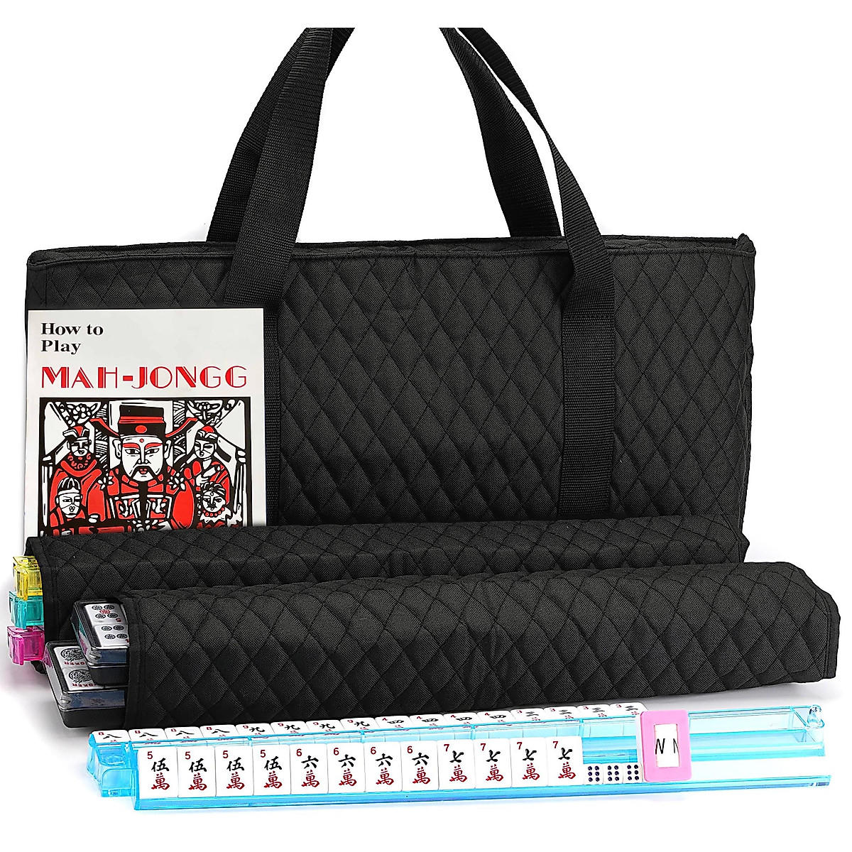 American Mahjong Game Set - Black Quilted Soft Bag 166 Premium Tiles with 4 All-in-One Rack/Pushers,100 Chips, Wind Indicator, English Manual. Easy Carry Complete Classic Mah-Jongg Set