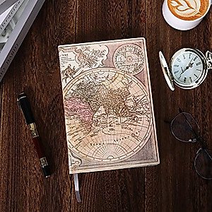 Pu Leather Writing Journal 3D Embossed Old World Map Vintage Writing Notebook with Luxury Pen Hardcover TravelJournal with Lined Page Sketchbook Gift for Men&Women.
