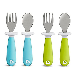 Munchkin Stay Put Divided Suction Plates, Blue/Green & Stay Put Suction Bowls & Raise™ Toddler Fork and Spoon Utensil Set