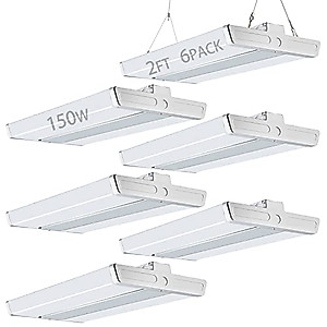 Lightdot 6 Pack LED High Bay Shop Light, 2FT (Large Area Illumination) 150W 21500LM [Eqv.600W MH/HPS] 5000K Daylight Linear Hanging Light for Warehouse, Energy Saving Upto 5600KW*6/5Yrs(5Hrs/Day)