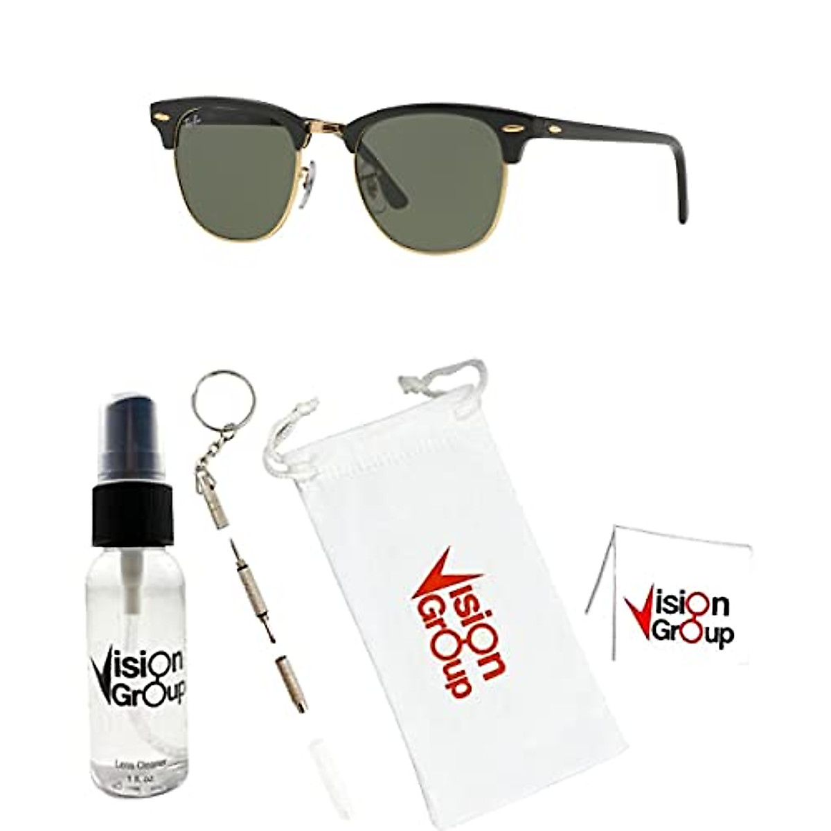 Ray-Ban RB3016 Clubmaster Sunglasses+ Vision Group Accessories Bundle, unisex-adult (Black On Arista/Crystal Green (W0365),51)