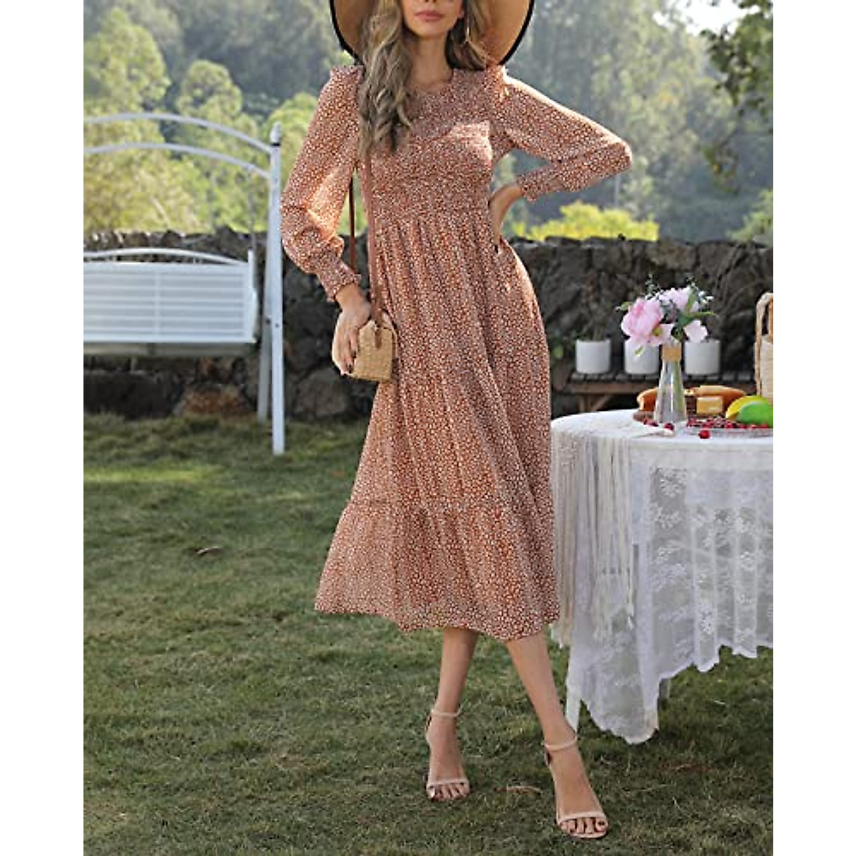 kimralur Womens Casual Long Sleeve Midi Fall Dress Crew Neck Boho Floral Print Smocked Ruffle Tiered Flowy Long Dress