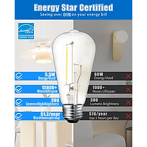 MASTERY MART E26 Led Bulb 60 Watt Equivalent, 5.5W Clear Edison Bulbs, Daylight White 4000k, CRI 90+, 500 Lumen, Vintage ST58 led Light Bulb for Home Non-Dimmable, 6 Pack