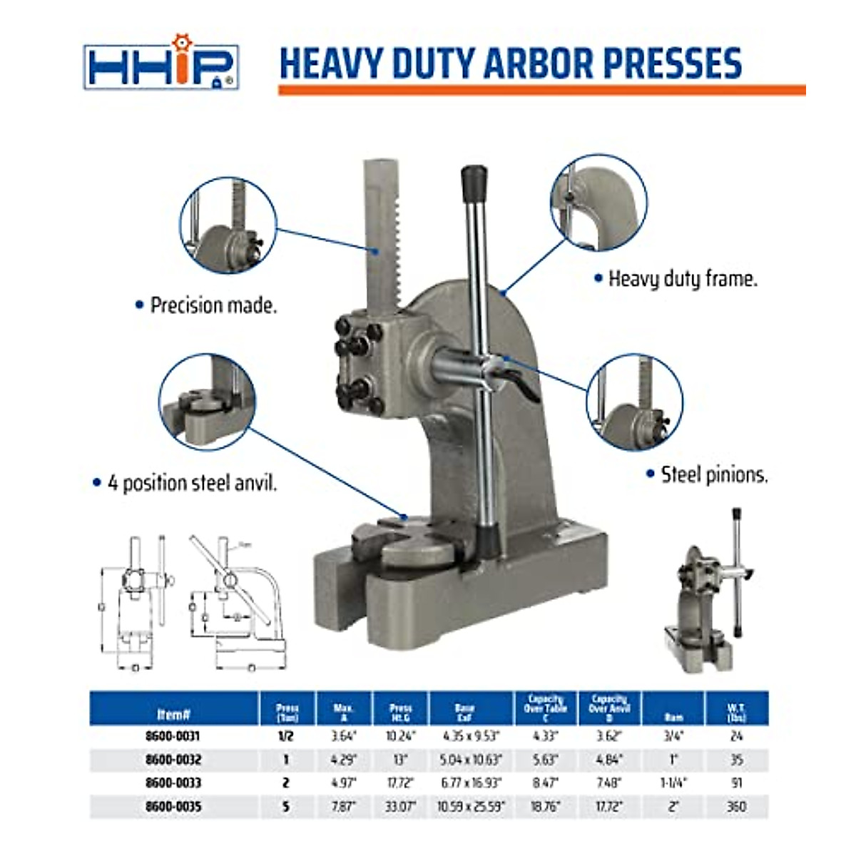HHIP 8600-0031 Heavy Duty Arbor Press, .5 Ton Capacity, 10" Height (Pack of 1)