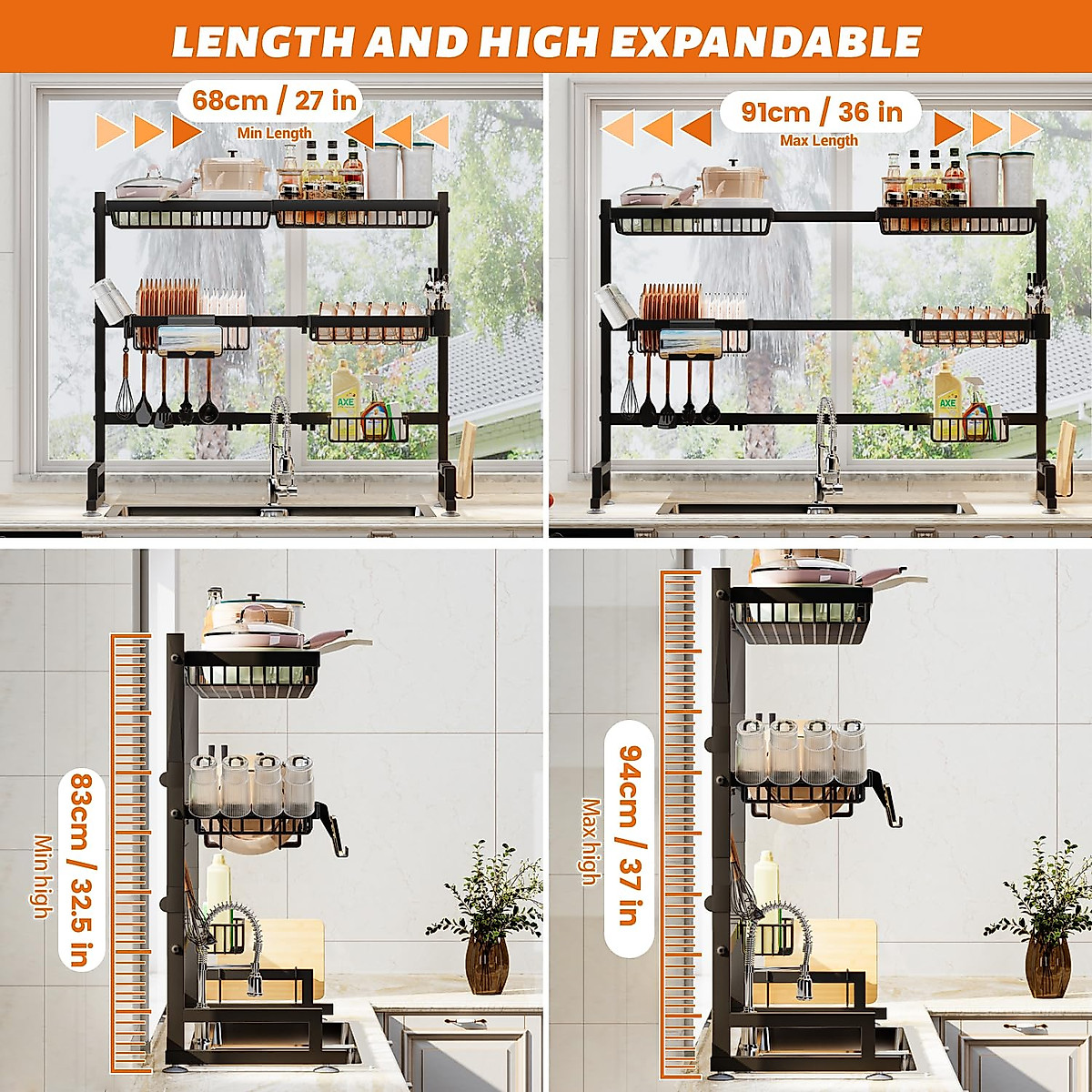 ilvvan Over The Sink Dish Drying Rack 27-36L x 12W x 32.5-37H (inches) (Expandable Height and Length) Snap-On Design 2 Tier Large Dish Rack
