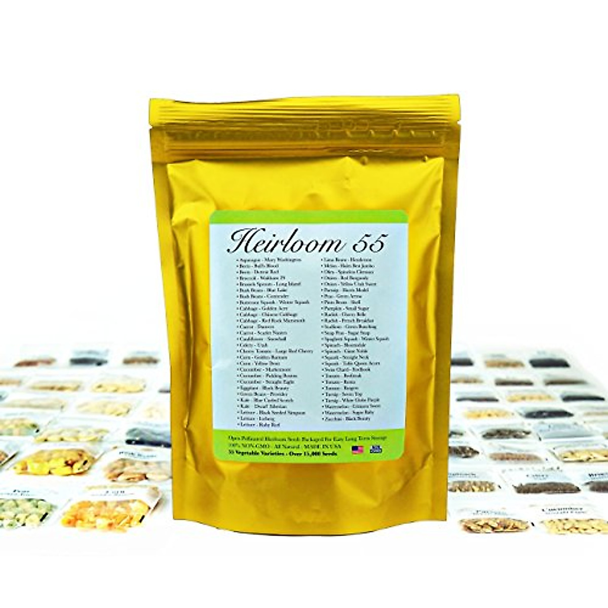 Heirloom Futures Seed Pack with 55 Varieties of Vegetable Seeds. 100% Non GMO Open Pollinated Non-Hybrid Naturally Grown Premium USA Seed Stock for All Gardeners.