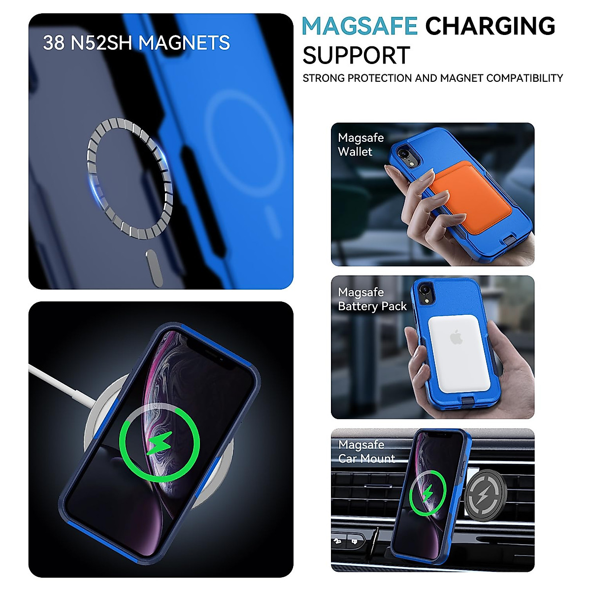 CONWOE for iPhone XR Case with Belt-Clip Holster[2Pcs Glass Screen Protector] [Dual Layer Military Grade Protection] [Support Magsafe] Shockproof Phone Case for iPhone XR 6.1 Inch (dark blue)