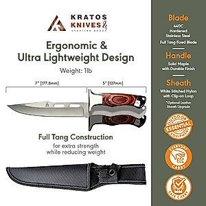 Full Tang Bushcraft Knife, 12" Full Tang Survival Knife Fixed Blade, Camp Knife 440C Stainless Steel Camping Knife with Sheath By Kratos - ZF4