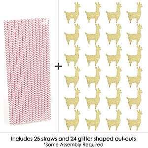 Gold Glitter Llama Party Straws - No-Mess Real Gold Glitter Cut-Outs and Decorative Llama Fiesta Baby Shower or Birthday Party Paper Straws - Set of 24