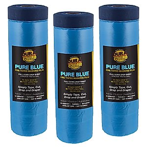 Dura-Gold 71" Wide x 65' Long Roll of Pure Blue Pre-Taped Masking Film, 3 Pack - Pre-Folded Overspray Paintable Plastic Protective Sheeting, Pull Down Drop Sheet - Auto Painting, Cover Walls Furniture