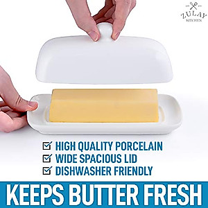 Zulay Porcelain White Butter Dish With Lid For Countertop - Classic Style Ceramic Butter Dishes With Lid & Knob Handle - Standard Butter Holder for Storing 1 Western Or Eastern Butter Stick