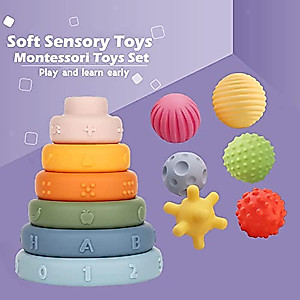 Montessori Toys for Babies Soft Stacking Building Blocks Rings Balls Sets 3 in 1 Soft Baby Toys Bundle for Babies 6-12 Months Sensory Toys for Toddlers 1-3 Teething Bath Toys for Infants Learning Toy