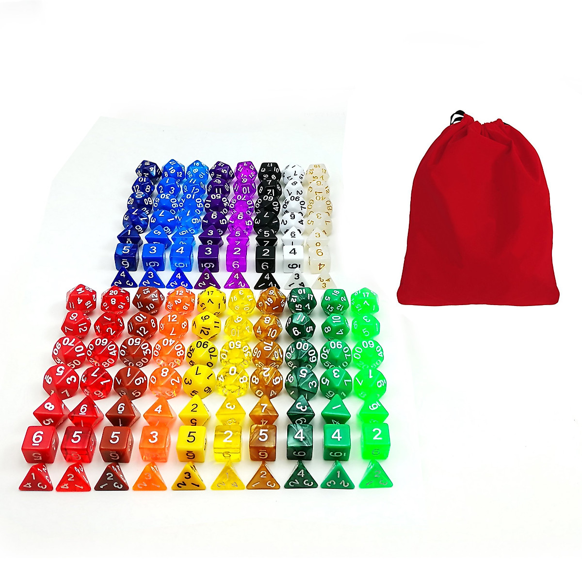 Bescon Multi-Colored RPG Dice Pack of 126 Polyhedral Dice 18 Complete Sets of 7 Dice 18 Red Velvet Bag Packaging