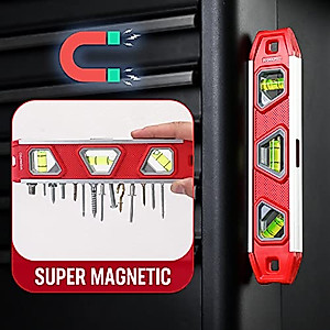 WORKPRO 9-Inch Torpedo Level Magnetic, Small Leveler Tool with 3 Different Bubbles 45°/90°/180° and Overhead Viewing Window, Shock Resistant Bubble Level V-Groove for Measuring plumbing, wood, etc.