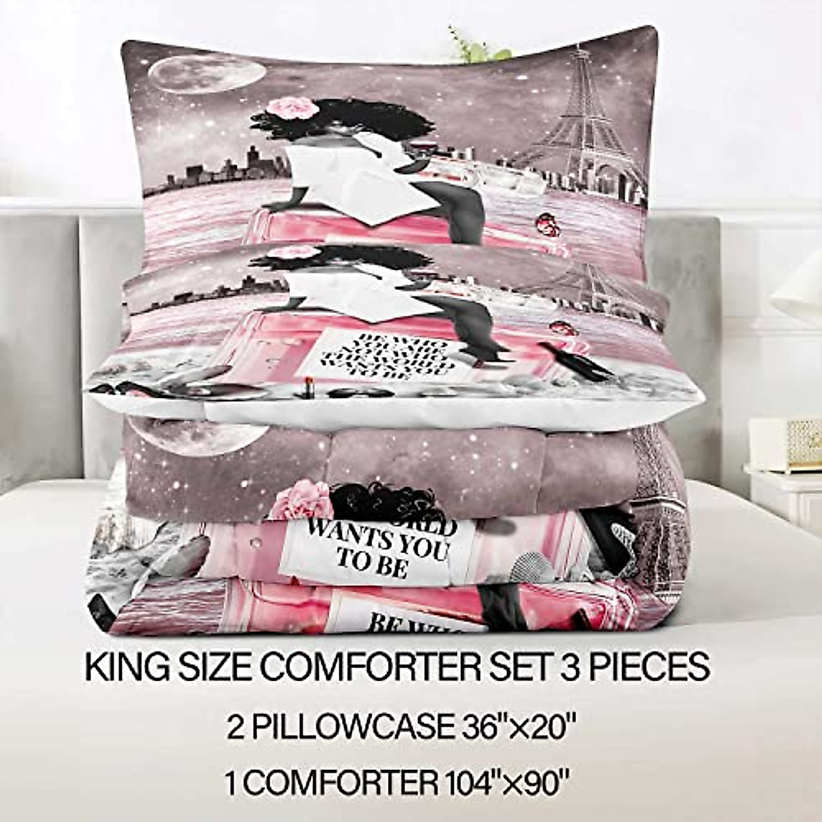 LUVIVIHOME Black Girl Magic Comforter Set for Women, Pink King Size Comforter, African Girl Bedding Sets, Eiffel Tower Beach Romantic Paris Bedroom Decor for Teen Girls, 1 Quilt and 2 Pillowcases