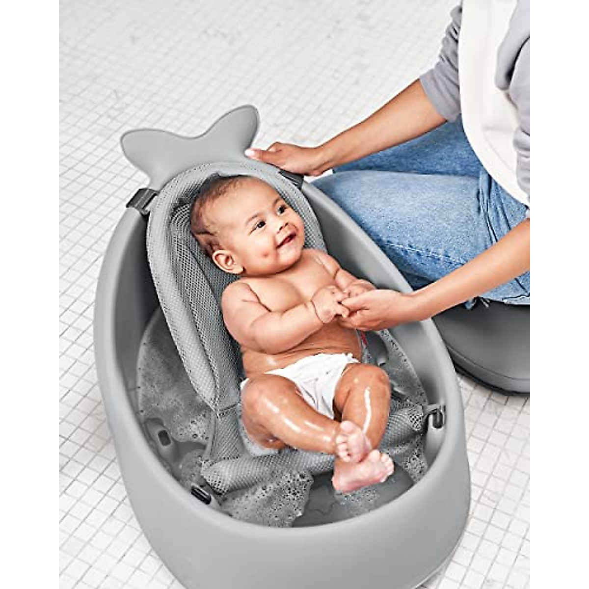 Skip Hop Baby Bath Tub, 3-Stage Smart Sling Tub, Moby, Grey