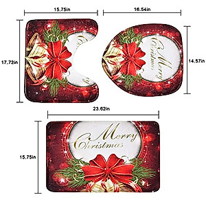 Merry Christmas Shower Curtain Sets with Non-Slip Bathroom Rugs, Toilet Lid Cover, Bath Mat and 12 Hooks, Xmas Red Bell Bow Bathroom Sets with Shower Curtain and Rugs for Christmas Decoration