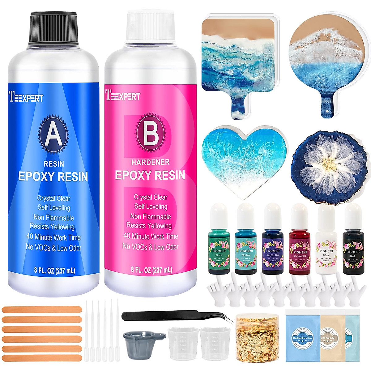 Teexpert Epoxy Resin Kit for Beginners, Resin Kit with Coaster Molds, Silicone Molds Kit, Pigments, Mica Powder, Foil Flakes, Crystal Clear Art Resin, Casting & Coating for DIY Resin Coasters 16 FL.OZ