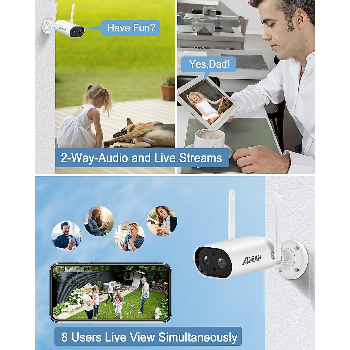 ANRAN Security Cameras Wireless Outdoor - 2K Solar Security WiFi Camera, Night Vision, IP65 Waterproof, Smart Siren, PIR Human Detection, 2-Way Talk, Work with Alexa, Home Surveillance, S1 White