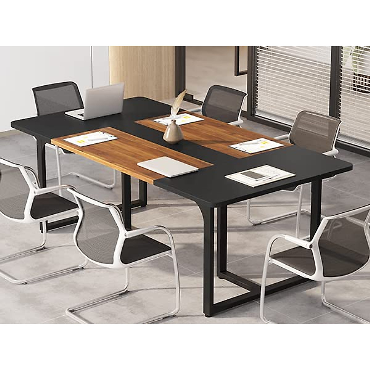 Rectangle Conference Table with Spliced Board, 6FT Long Meeting Seminar Table up for 8 People, Industrial Business Large Office Conference Room Table Boardroom Desk for Home Office, Dining Room