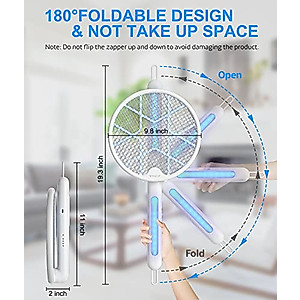 MOSQZAP Electric Fly Swatter, Foldable Bug Zapper Racket, 3,500Volt Mosquito Killer Electronic Fly Zapper w/Purple Light Attractant for Home Indoor Outdoor, Large Size, White