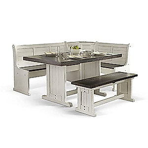Pemberly Row Farmhouse Wood Kitchen Corner Breakfast Dining Nook Set with Hidden Storage in Off White Dark Brown
