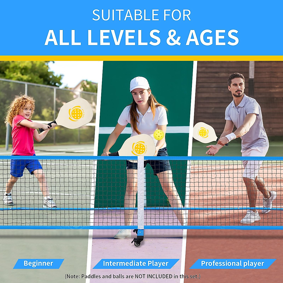 Hamino Pickleball Set with Net Wheels, 22 FT Regulation Size Pickleball Net Set with Steady Metal Frame Base/Sturdy PE Net/600D Carrying Bag, Portable Outdoor Driveway Home Backyard Fun for All Ages