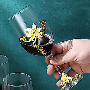 Handmade Enamel Flower Crystal Wine Glasses, Gin Balloon Glasses for Women, Birthday, Valentine Day, Mother's Day, Christmas Gift, Wedding, Party (Purple Lily Cup)