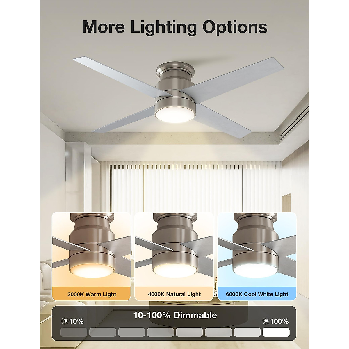 warmiplanet Flush Mount Ceiling Fans with Lights and Remote Control, 52-Inch,3 CCT Dimmable Light, Reversible Noiseless 6 Speeds DC Motor, Timer, Nickel Brushed, 4-Blades