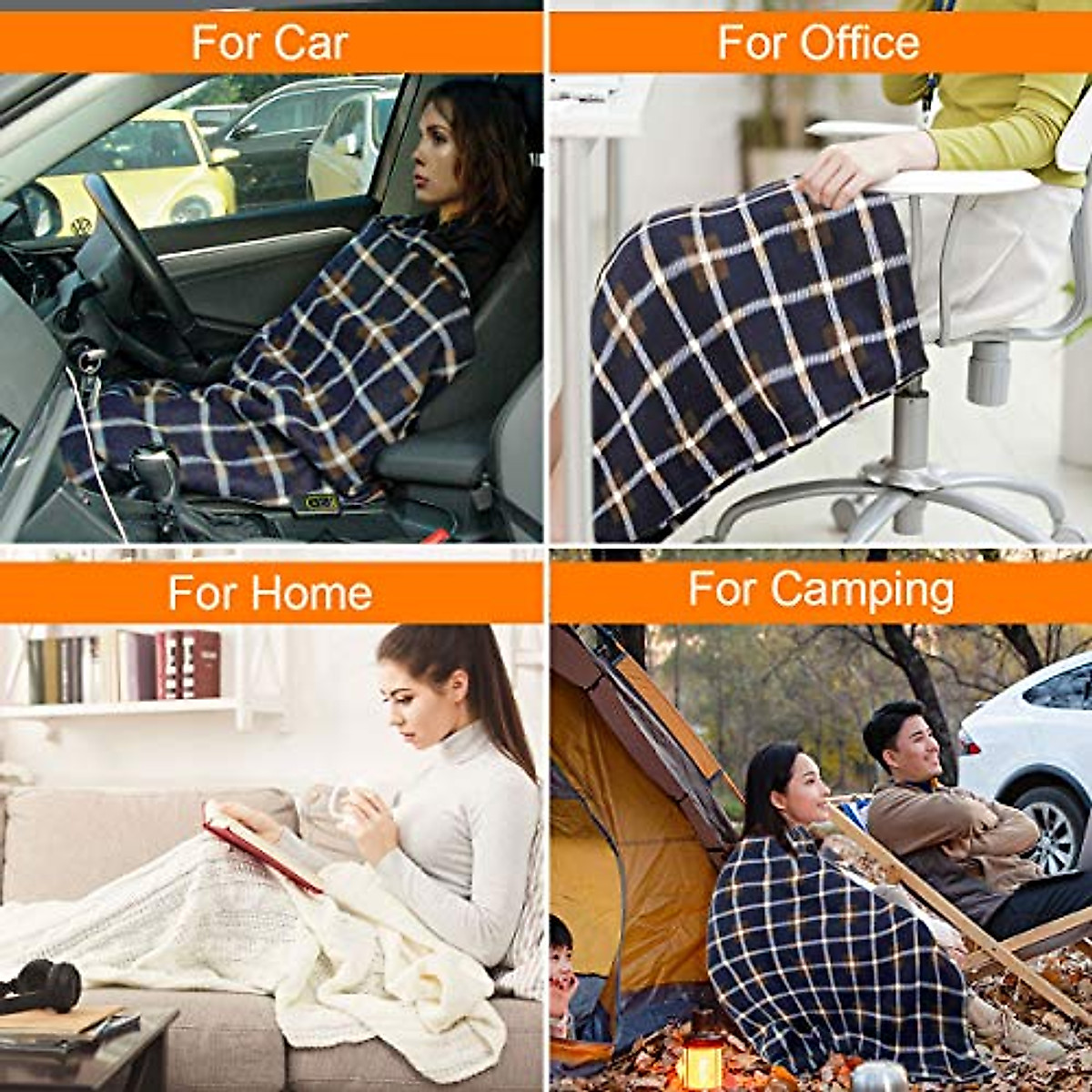 Car Electric Heated Blanket, 12V Cigarette Lighter Plug In Portable Emergency Heating Blanket, Small Fleece Car Warming Blanket, Winter Essential Accessories for Car Travel Camping SUV RV (Blue&White)