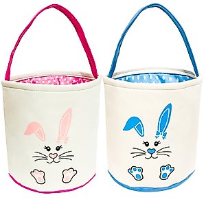 BKDMZZMY 2 Pack Easter Baskets for Large Foldable Bucket Tote Bags with Handle, Canvas Bunny Baskets Carry Easter Rabbit Baskets for Party Holiday Easter Eggs Hunt (Pink+Blue)