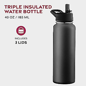 FineDine Triple Walled, Insulated Water Bottles with Straw - 40 Oz Stainless Steel Metal Bottle W/ 3 Leak Proof Lids - For Travel, School, Sports, Gym/Men, Women & Kids - Inky Raven Black