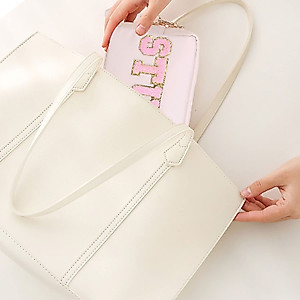 oaesc Nylon Cosmetic Bag Chenille Letter Patches Waterproof Travel Pouch Snack Makeup with Wrist Strap for Women (Beige-STUFF)