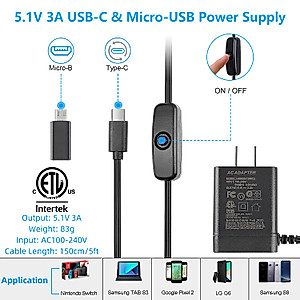 Smraza 5.1V 3A Power Supply Compatible with Raspberry Pi 4 ON/Off Switch, USB-C Pi 4 Charger Raspi 4B Adapter for Raspberry Pi 4 Model B 1GB 2GB 4GB 8GB Version