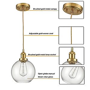 SHAWNKEY Modern Bushed Gold Pendant Light Fixture with Globe Clear Glass Shade Pendant Lighting for Kitchen Island Hanging Lighting